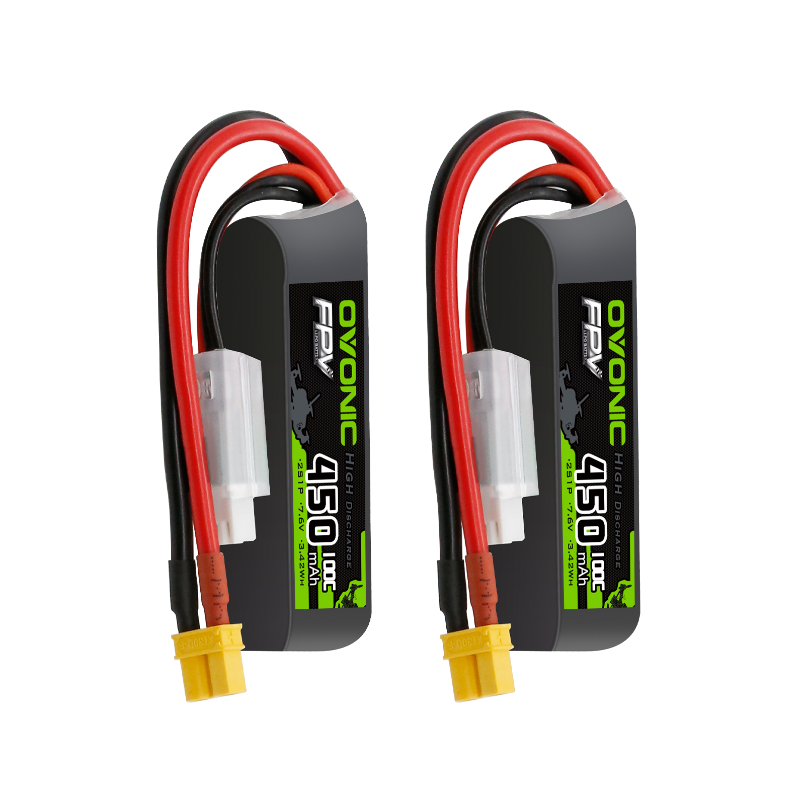 2 x OVONIC 7.6V 100C 450mAh 2S Lipo Battery Long Size with XT30 Plug f ...
