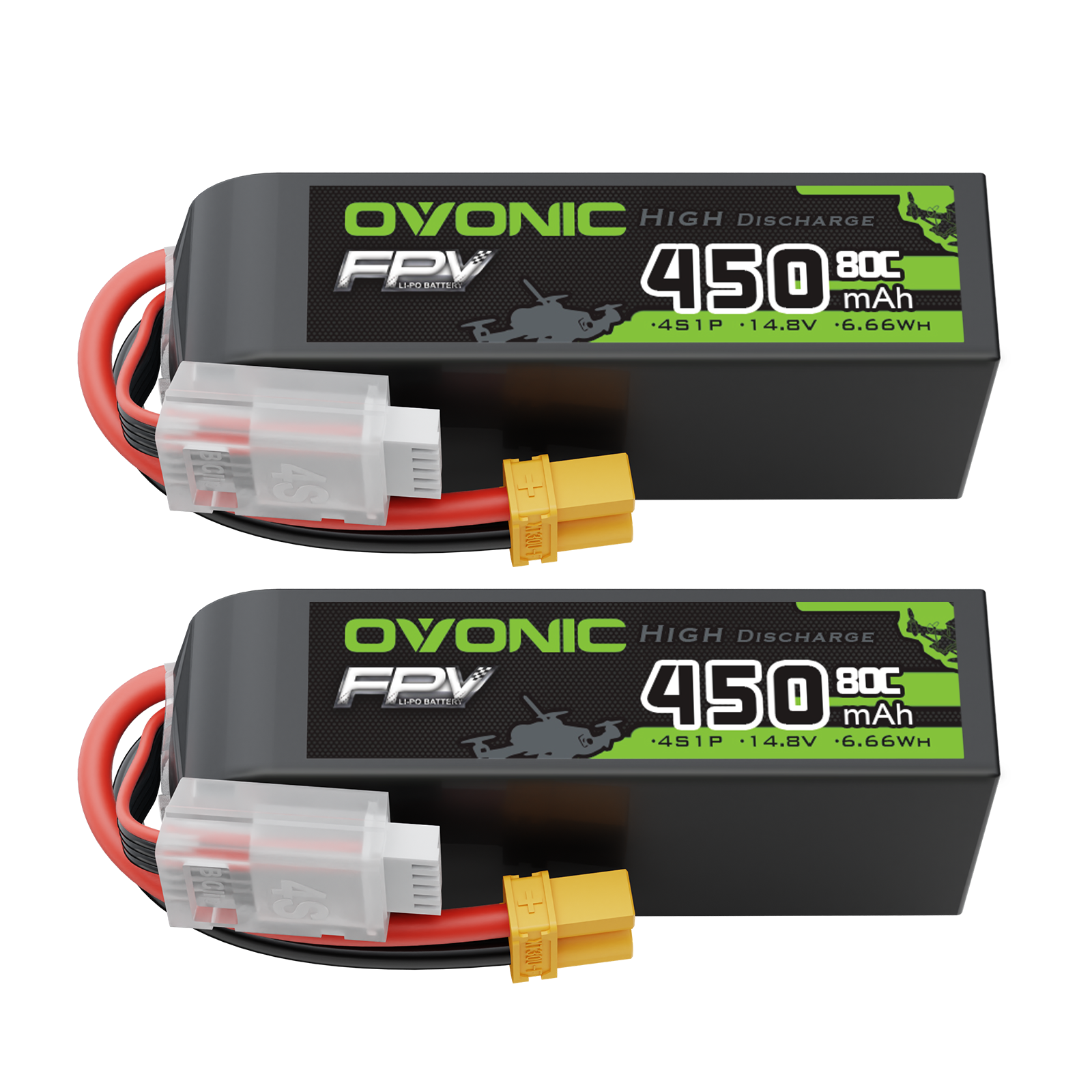 2 x OVONIC 14.8V 80C 450mAh 4S Lipo Battery Long Size with XT30 Plug f ...